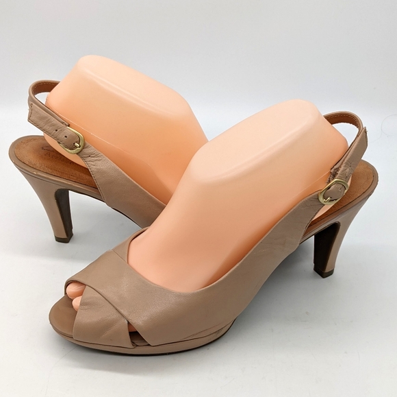 Clarks | Shoes | Clarks Artisan Slingback Heels Sandals Leather Beige ...